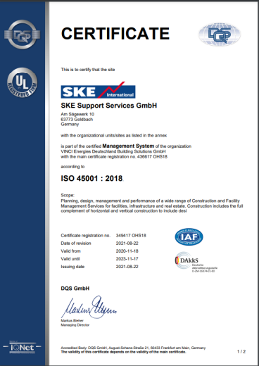 SKE Support Services ISO 45001 Certificate / Zertifikate - Ske-international